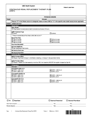 Fillable Online CONTINUOUS RENAL REPLACEMENT THERAPY PLAN CRRT ...