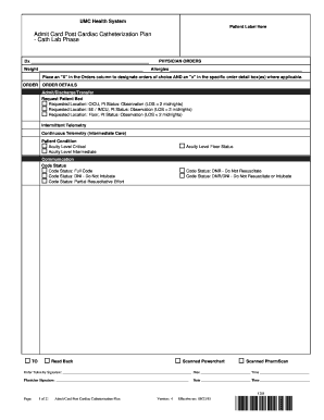 Fillable Online Admit Card Post Cardiac Catheterization Plan - Cath Lab ...