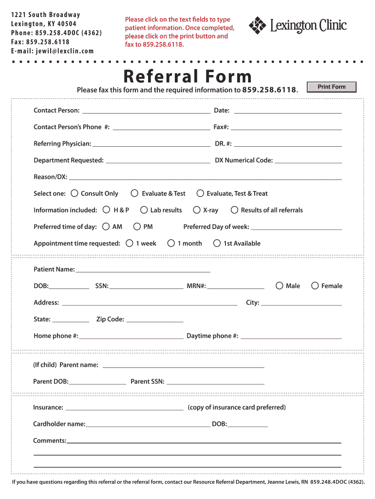 Fillable Online Referral Form - Lexington Clinic Fax Email Print ...