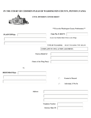 Fillable Online washingtoncourts CIVIL DIVISION COVER SHEET Fax Email ...