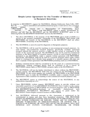 Fillable Online hpscreg Agreement n Cell Line: VAL00 Simple Letter ...