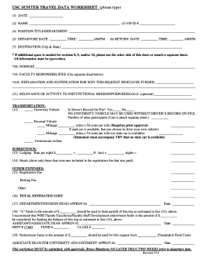 Fillable Online uscsumter TRAVEL DATA SHEET - USC Sumter Fax Email ...