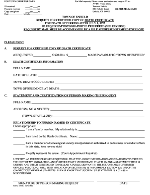 Fillable Online enfield-ct DEATH CERTIFICATE APPLICATION - Enfield CT ...