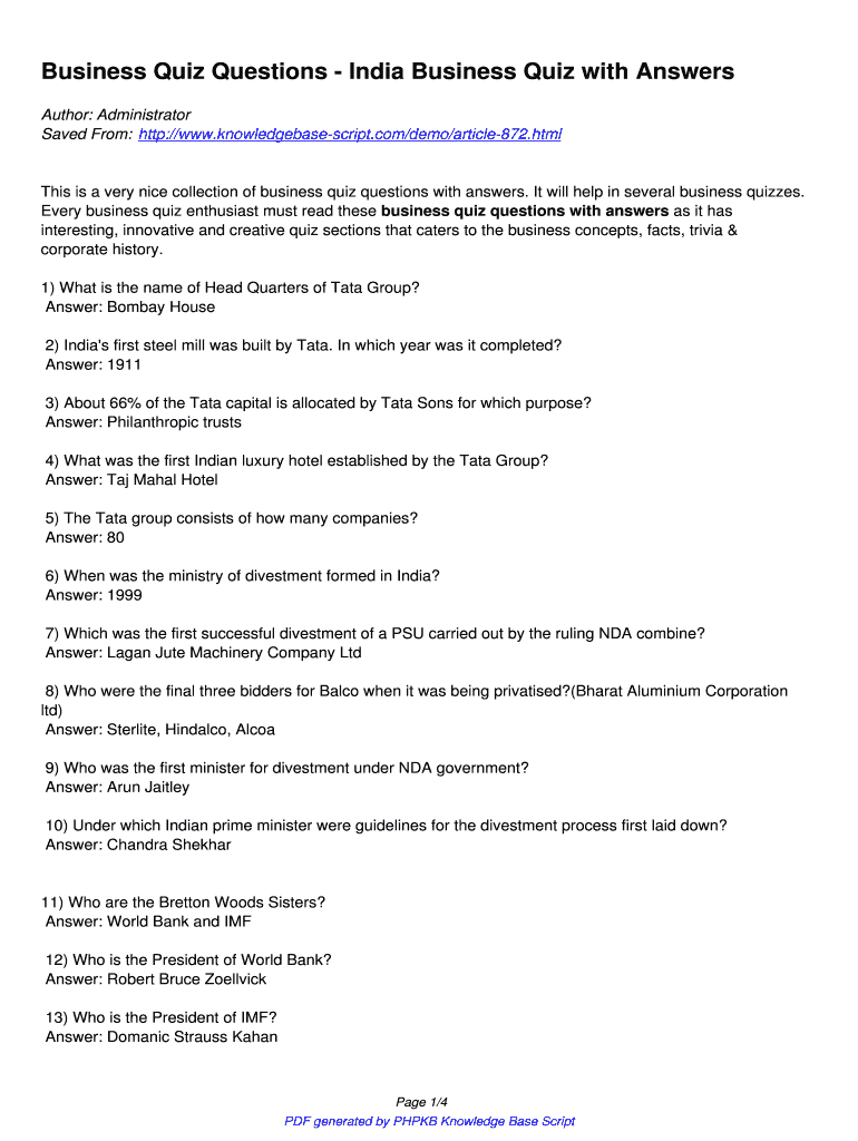 Fillable Online Business Quiz Questions - India Business Quiz with ...