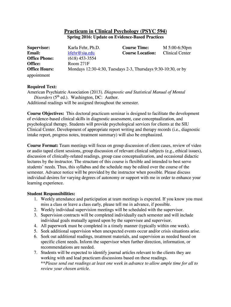 Fillable Online Practicum in Clinical Psychology PSYC 594 Fax Email ...