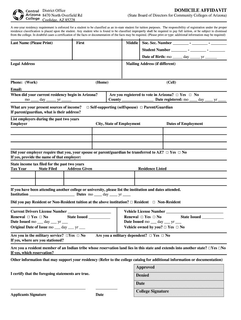 Fillable Online centralaz District Office DOMICILE AFFIDAVIT - Central Arizona College ...