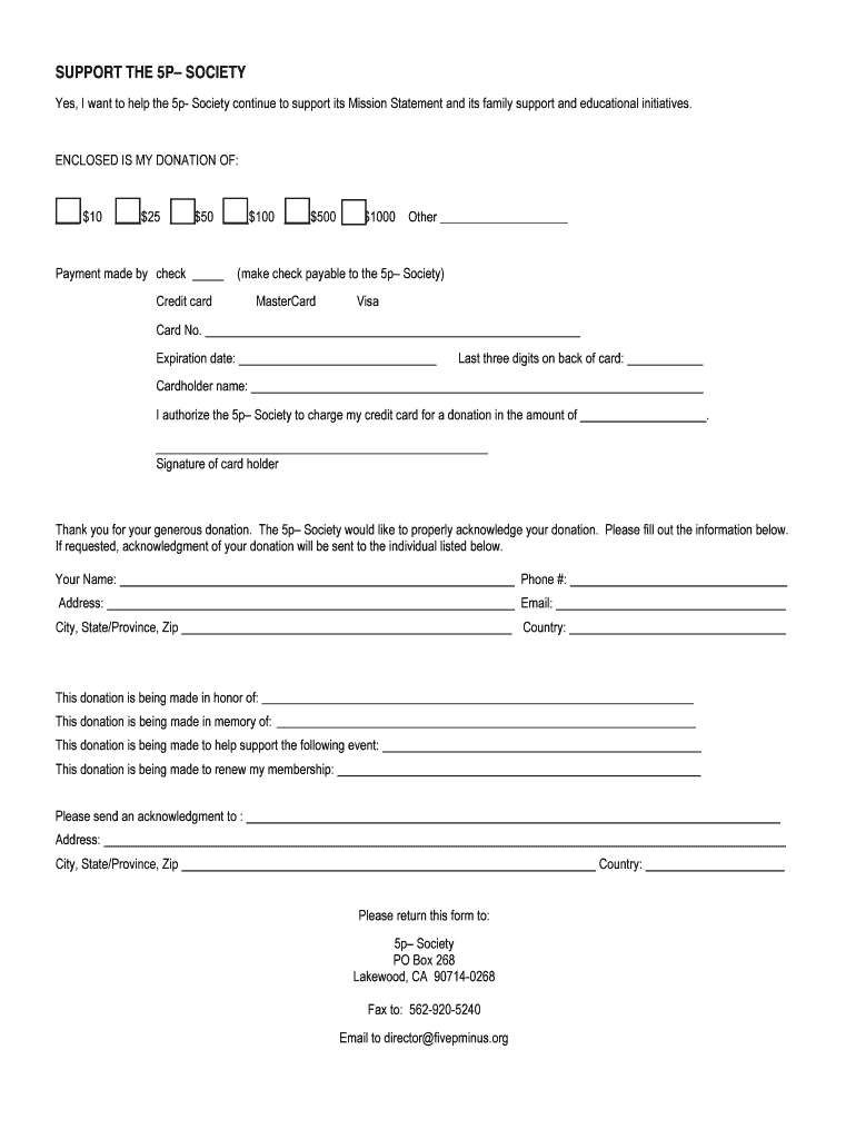 Fillable Online SUPPORT THE 5P SOCIETY - Five P Minus Fax Email Print ...
