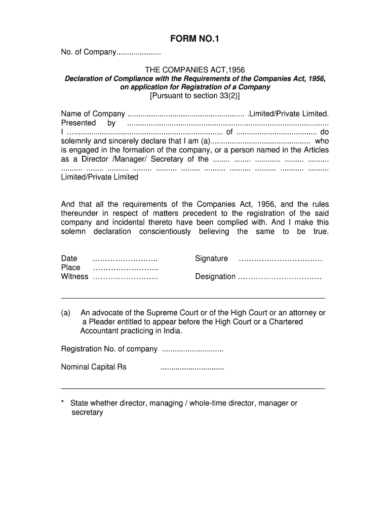 Fillable Online bcasonline THE COMPANIES ACT,1956 Declaration of ...