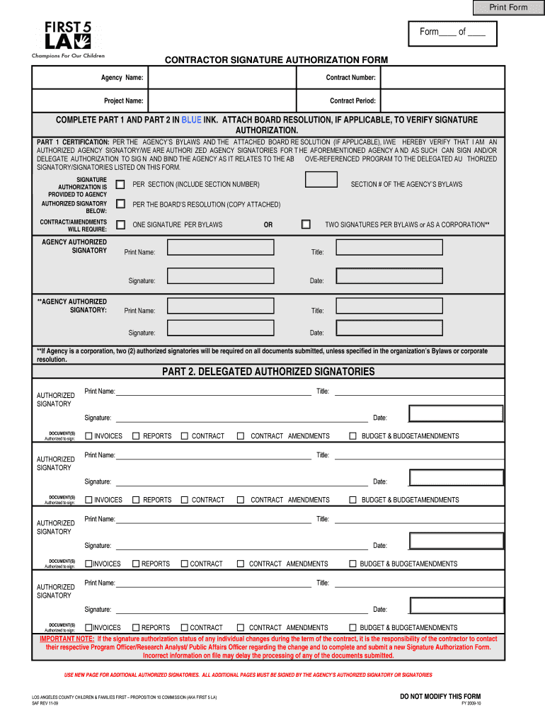 Fillable Online first5la Signature Authorization Form - Contractor 11 ...