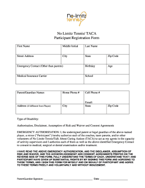 Fillable Online tacanow No Limitz Tennis TACA Participant Registration ...
