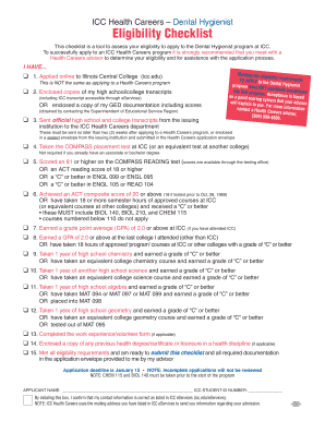 Fillable Online icc ICC Health Careers Dental Hygienist Eligibility ...