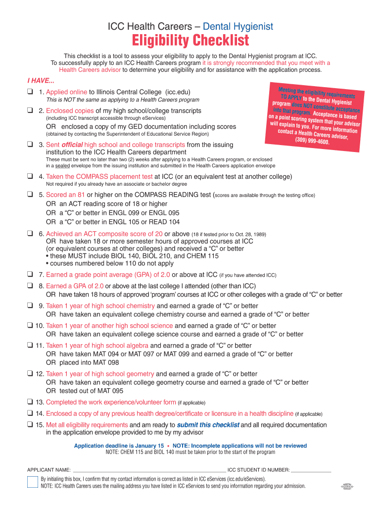 Fillable Online icc ICC Health Careers Dental Hygienist Eligibility ...