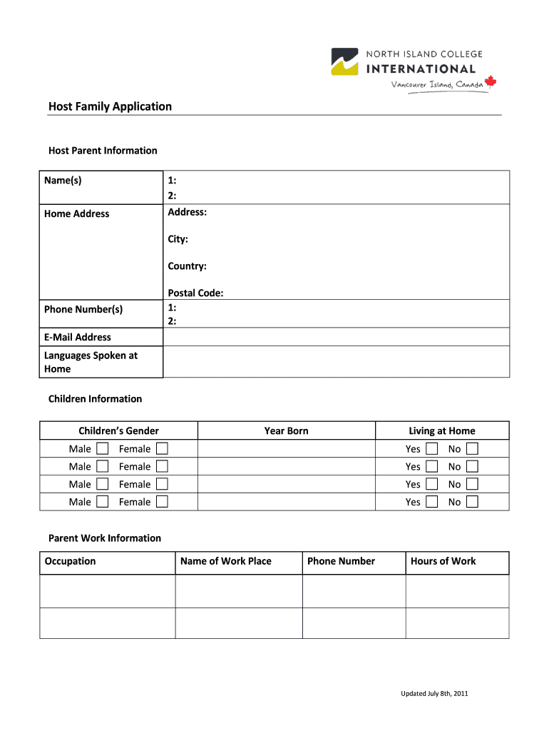 Fillable Online Host Family Application - North Island College ...