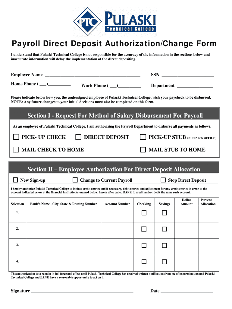 Fillable Online pulaskitech Payroll Direct Deposit AuthorizationChange ...