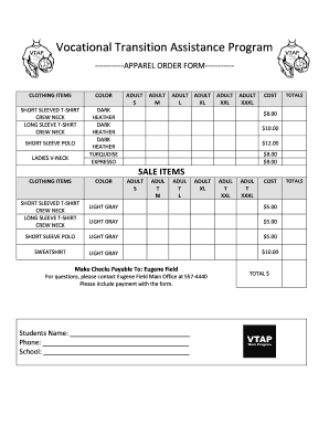 Fillable Online unit5 VTAP APPAREL ORDER FORM - unit5 Fax Email Print ...