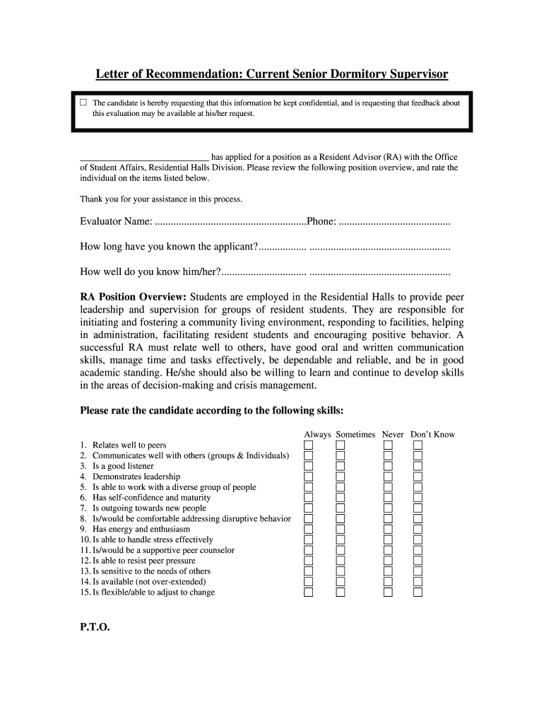 Fillable Online www2 aus Letter of Recommendation Current Senior ...