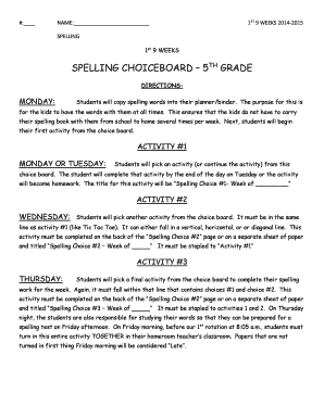 Spelling Choice Board 5th Grade Pdf - Fill Online, Printable, Fillable, Blank | pdfFiller