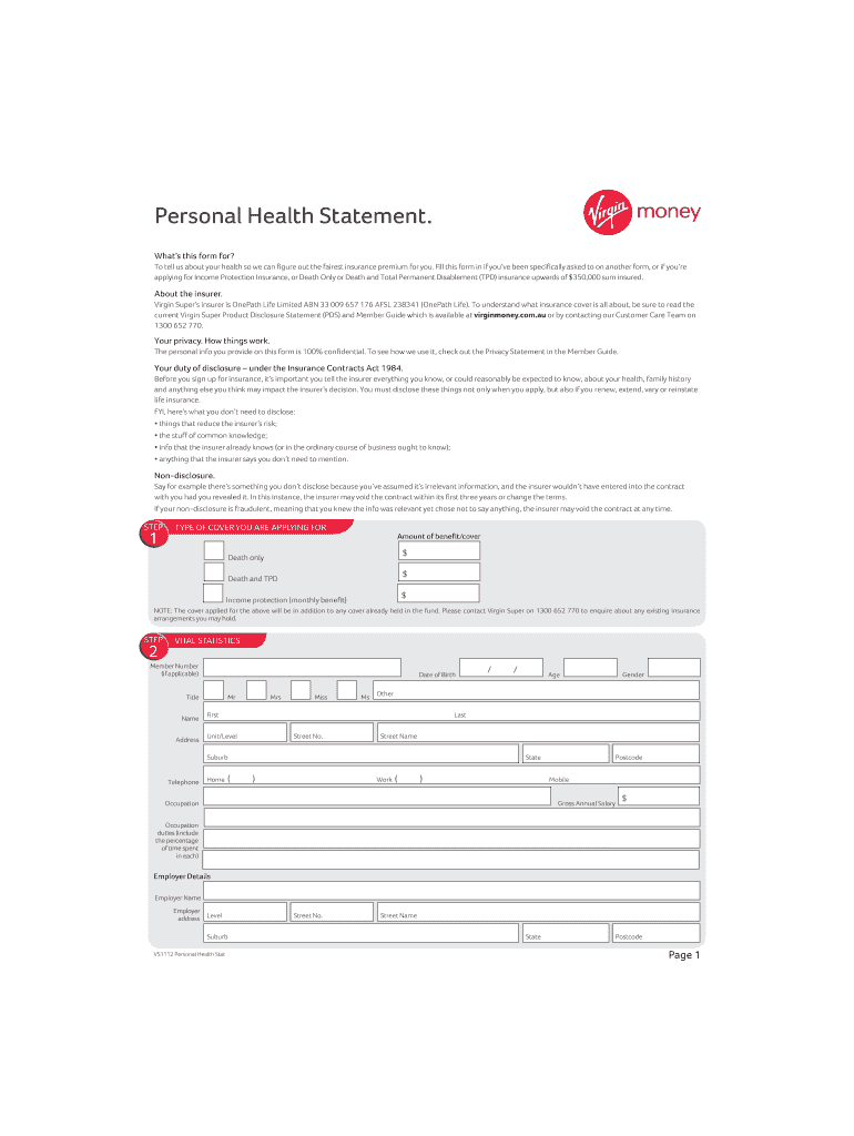 Fillable Online Personal Health Statement - Virgin Money Australia Fax ...