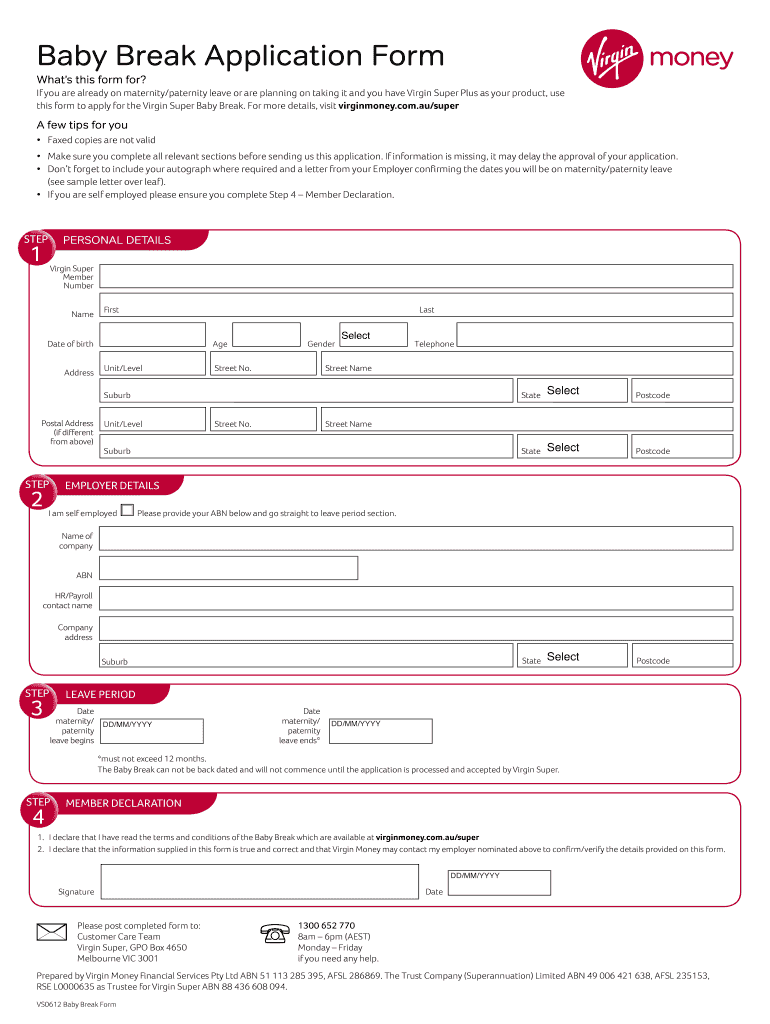 Fillable Online Baby Break Application Form - Virgin Money Australia ...