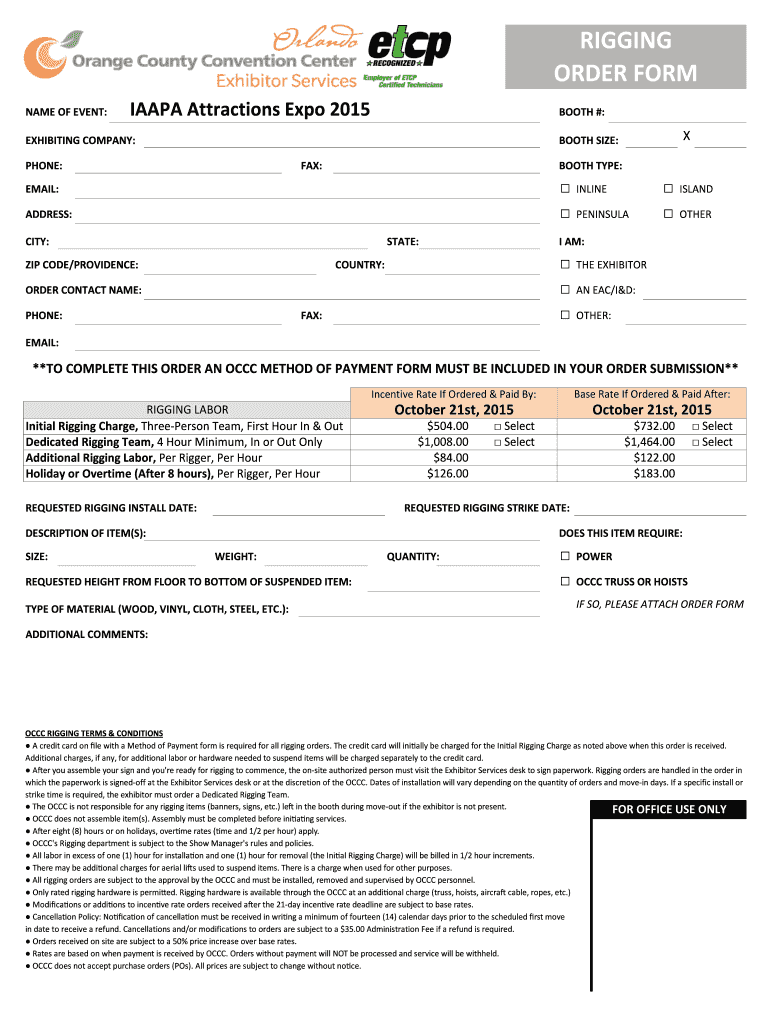 Fillable Online iaapa RIGGING ORDER FORM - iaapaorg Fax Email Print - pdfFiller