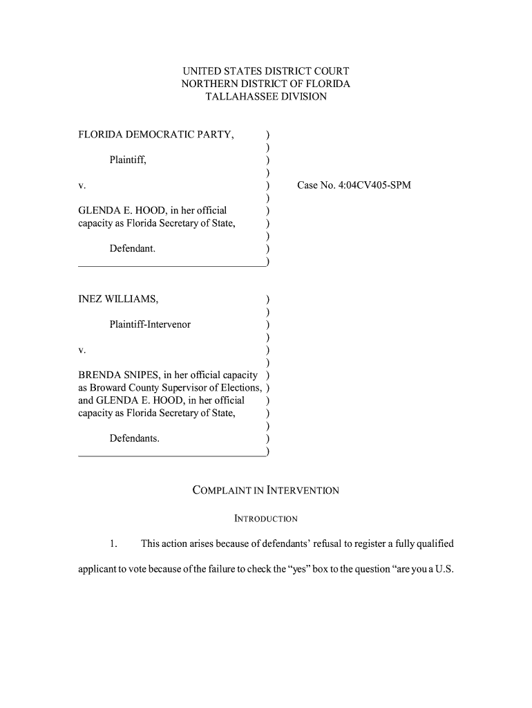 Fillable Online aclufl NORTHERN DISTRICT OF FLORIDA TALLAHASSEE DIVISION FLORIDA Fax Email Print ...