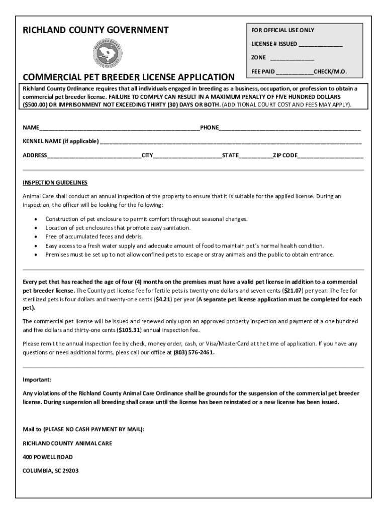 Fillable Online Commercial Pet Breeder License Application Fax Email ...