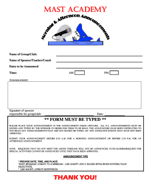 Fillable Online Announcements - MAST Academy Fax Email Print - pdfFiller