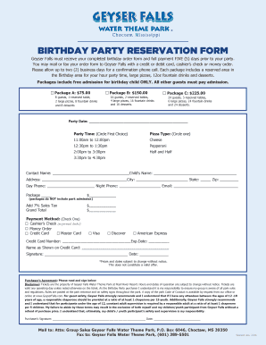 Fillable Online BIRTHDAY PARTY RESERVATION FORM - geyserfallscom Fax ...