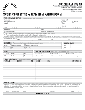 Fillable Online Sport competition team nomination form - HBF Arena Fax ...