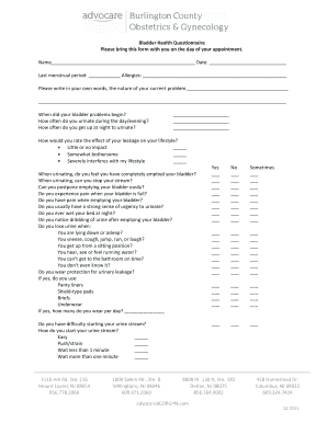 Fillable Online Bladder Health Questionnaire Please bring this form ...