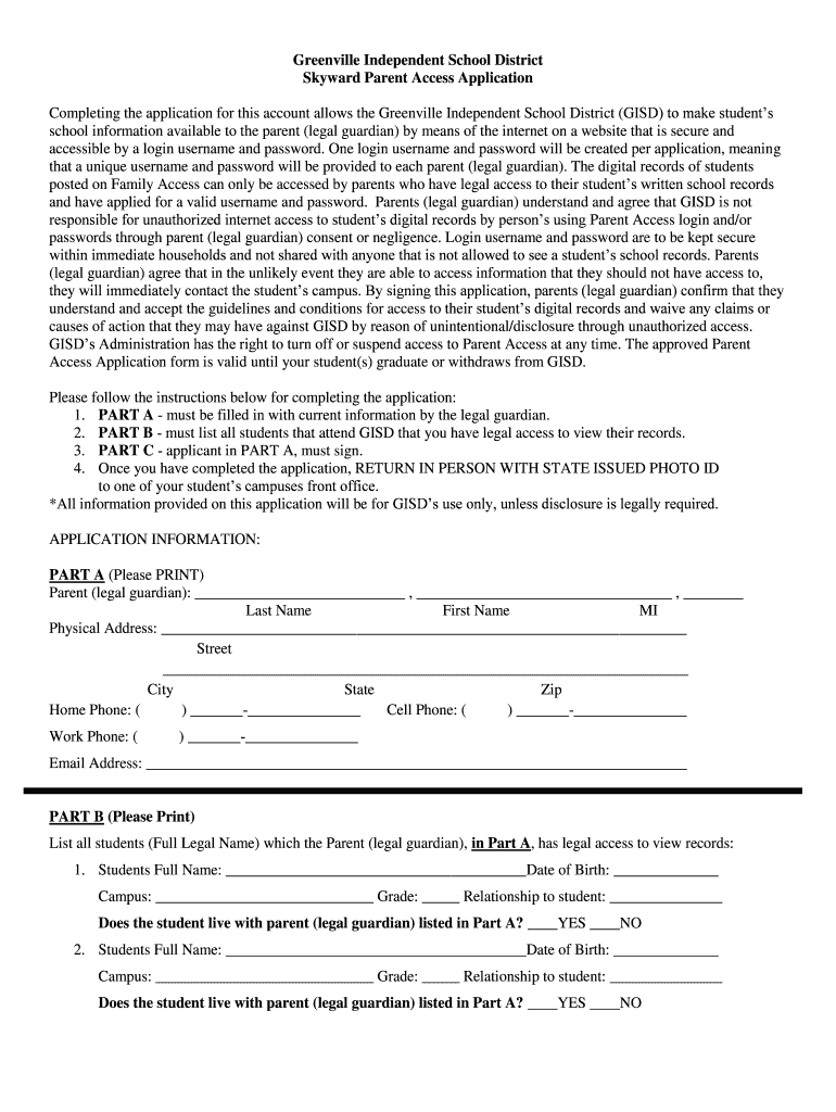 Fillable Online Skyward Parent Access Application Fax Email Print - pdfFiller
