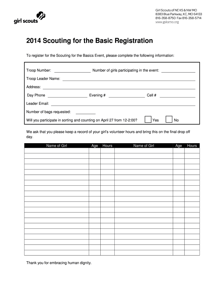 Fillable Online girlscoutsksmo 2014 Scouting for the Basic Registration ...