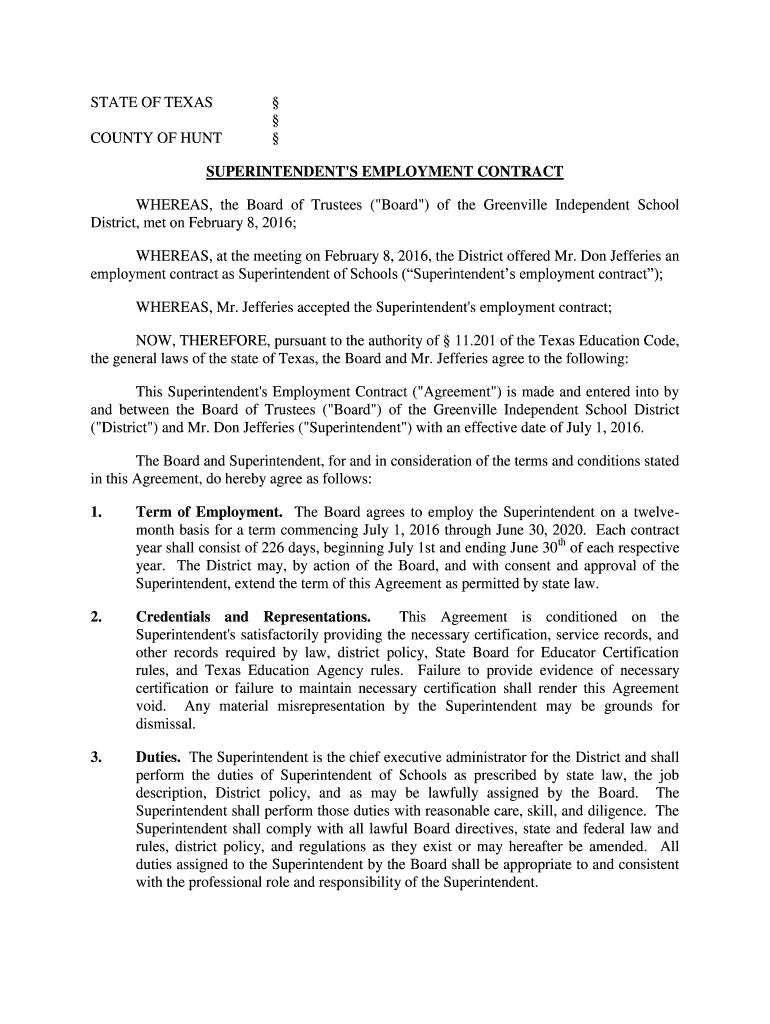 Fillable Online Don Jefferies an employment contract as Superintendent ...