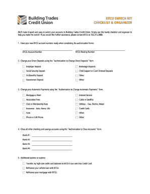 Fillable Online BTCU SWITCH KIT CHECKLIST amp ORGANIZER Fax Email Print ...