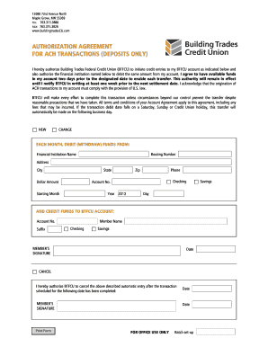 Fillable Online AUTHORIZATION AGREEMENT FOR ACH TRANSACTIONS DEPOSITS ...