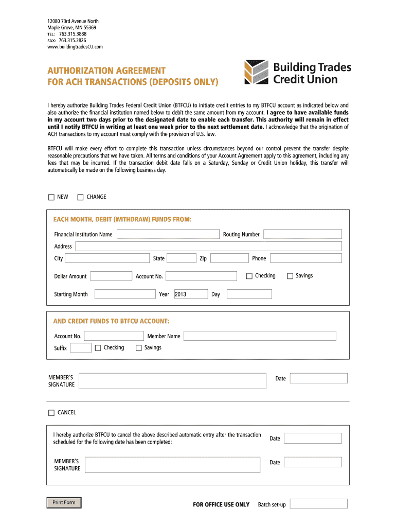 Fillable Online AUTHORIZATION AGREEMENT FOR ACH TRANSACTIONS DEPOSITS ONLY Fax Email Print ...