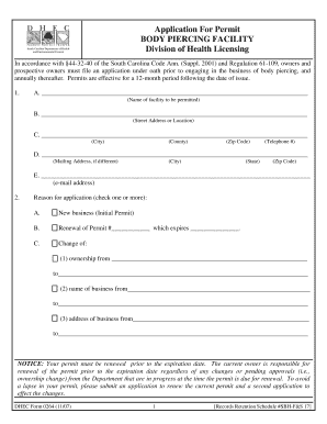 Fillable Online dhec sc Application For Permit BODY PIERCING FACILITY ...