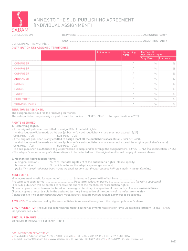 Fillable Online ANNEX TO THE SUB-PUBLISHING AGREEMENT INDIVIDUAL ...