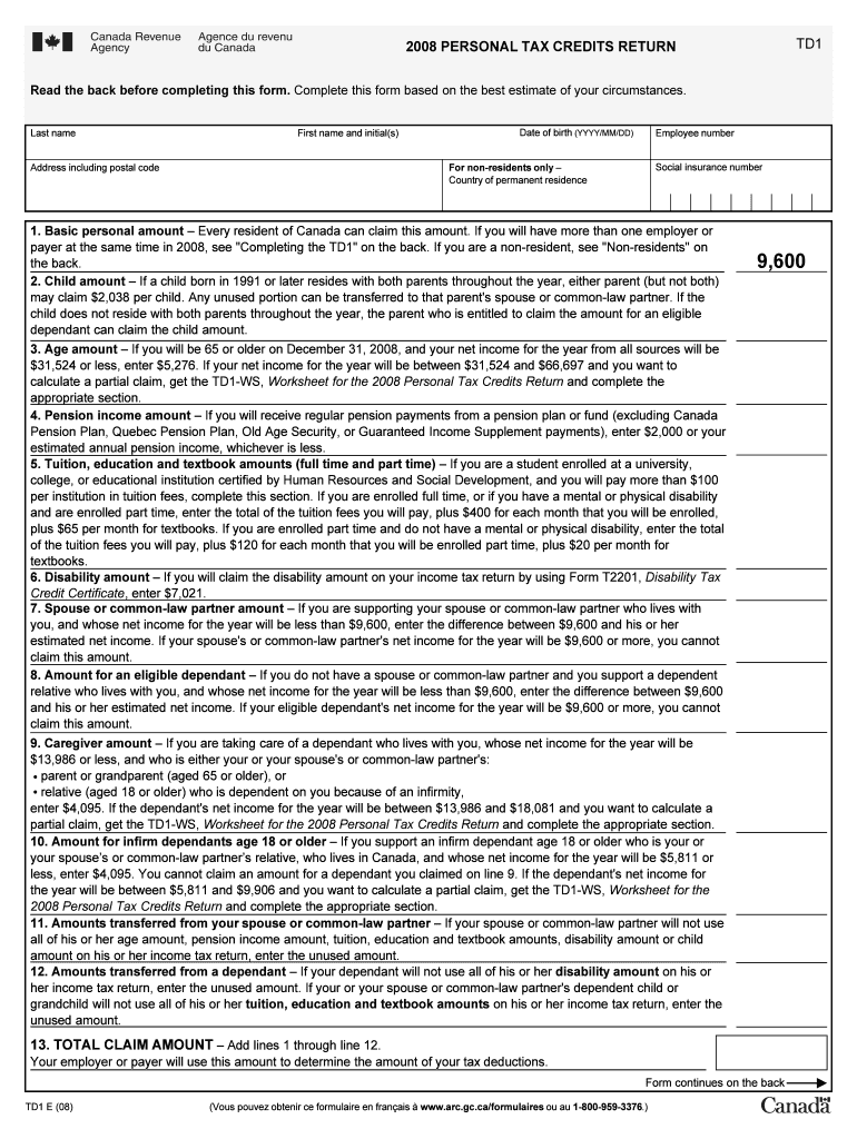 Fillable Online 2008 PERSONAL TAX CREDITS RETURN TD1 - CISVA Fax Email ...