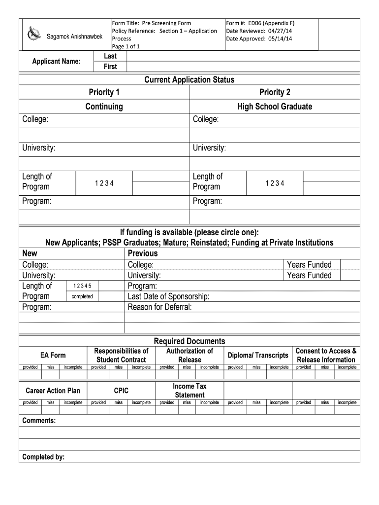 Fillable Online Form Title Pre Screening Form Form ED06 Appendix F Fax ...