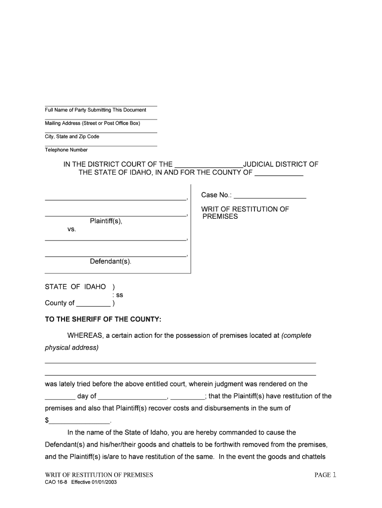 Fillable Online WRIT OF RESTITUTION OF PREMISES PAGE - Deadbeat Tenant ...