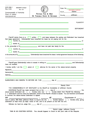 Fillable Online District P W wwwkycourtsnet O FORCIBLE ENTRY DETAINER ...