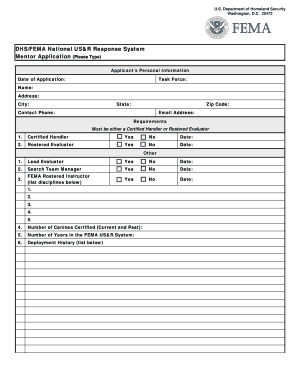 Fillable Online disasterdog DHSFEMA National USR Response System Mentor ...