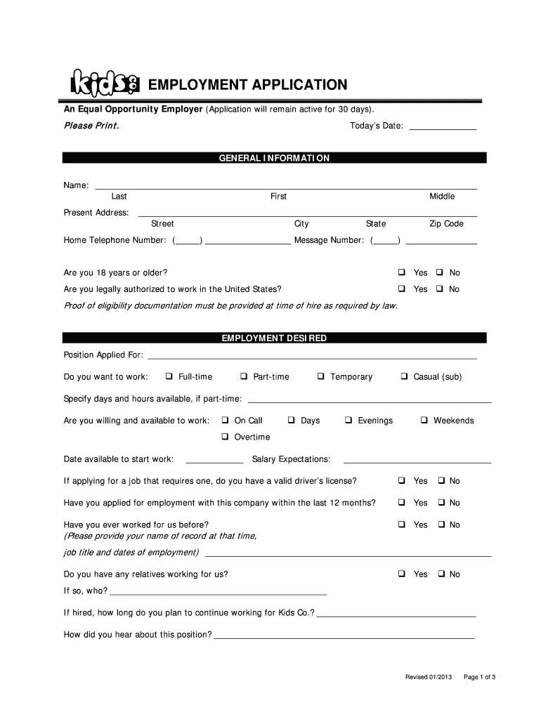 Fillable Online kidscompany Application for Employment - Sample B ...