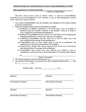 Fillable Online Certification of Consent-Ballot Count for Covenant ...