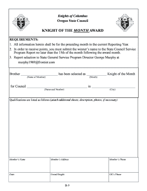 Fillable Online kofc-or KNIGHT OF THE MONTH AWARD - kofc-ororg Fax ...