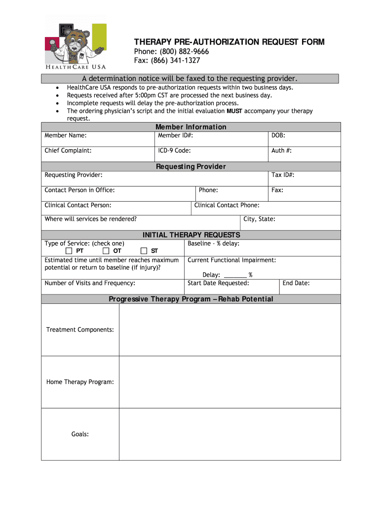 Fillable Online THERAPY PREAUTHORIZATION REQUEST FORM Phone: (800 ...