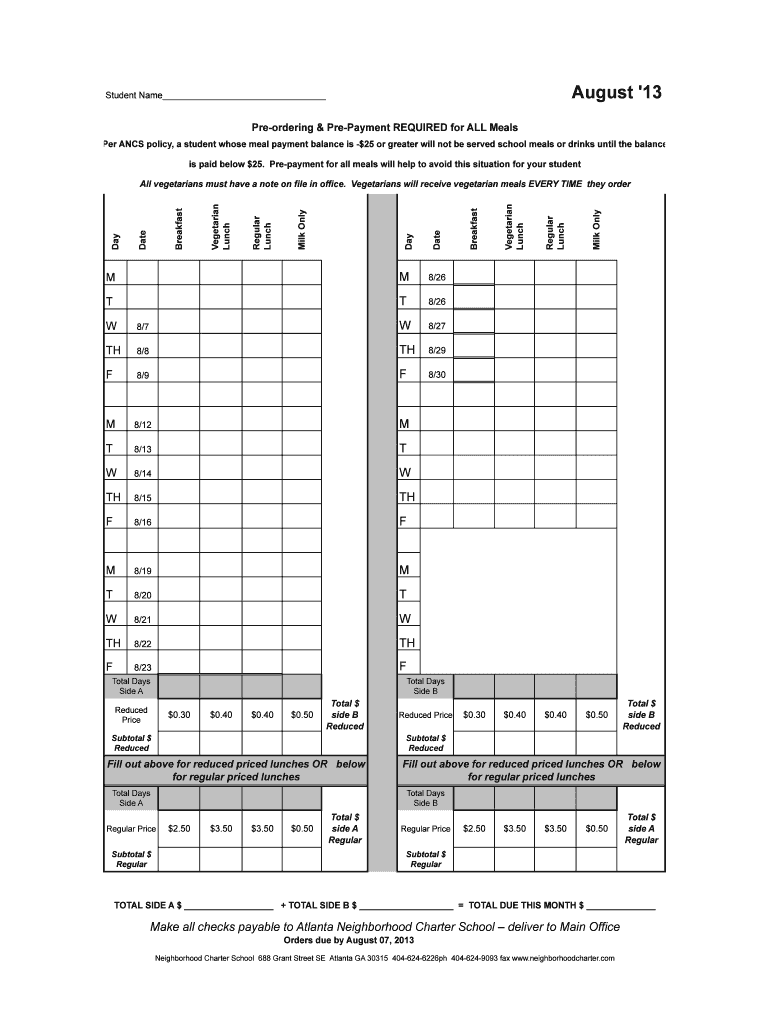 Fillable Online atlncs 13-14 Lunch order forms - Atlanta Charter Middle School - atlncs Fax ...