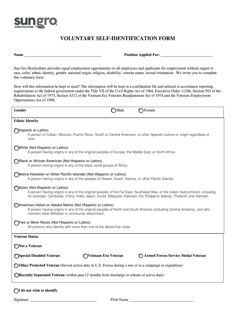 Fillable Online Voluntary Self-ID Form - Sun Gro Horticulture Fax Email ...