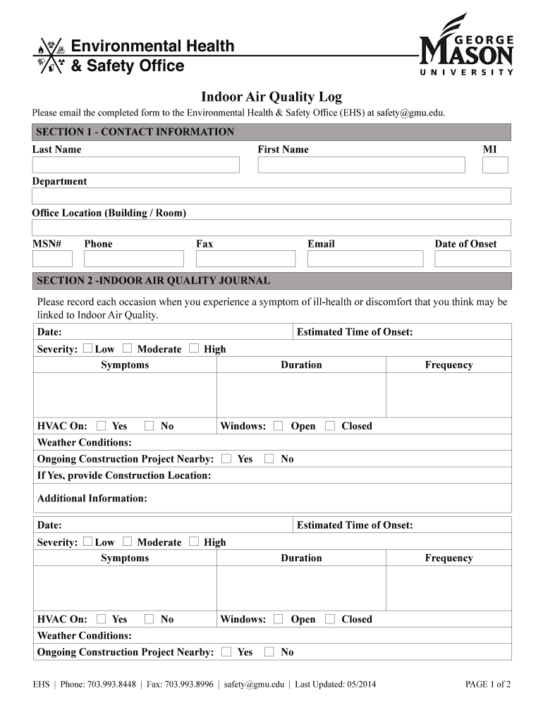 Fillable Online ehs gmu Indoor Air Quality Log Fax Email Print - pdfFiller